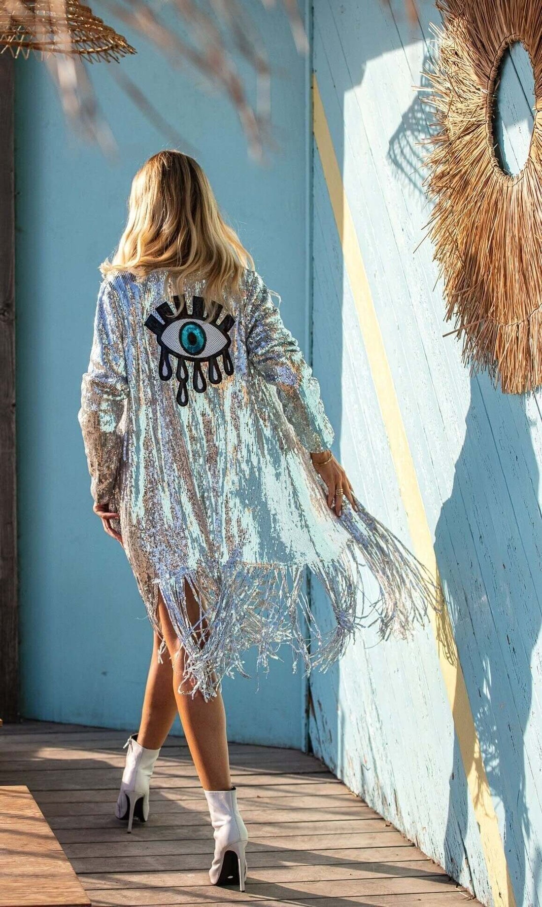 Silver Sequin Kimono with Fringes and Third Eye - Glitter Duster ...